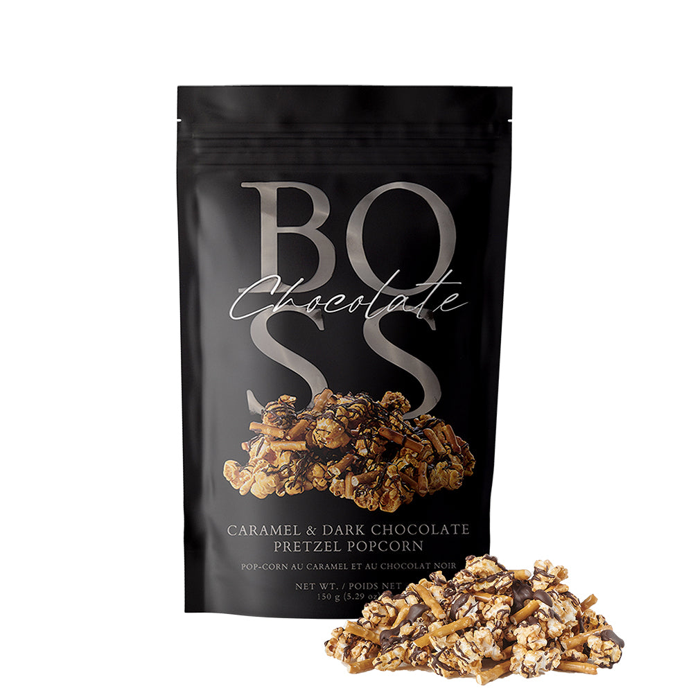 Boss Caramel & Dark Chocolate Pretzel Popcorn – Laitiere