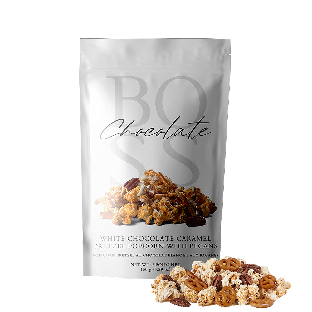 Boss White Chocolate Caramel Pretzel Popcorn With Pecans – Laitiere